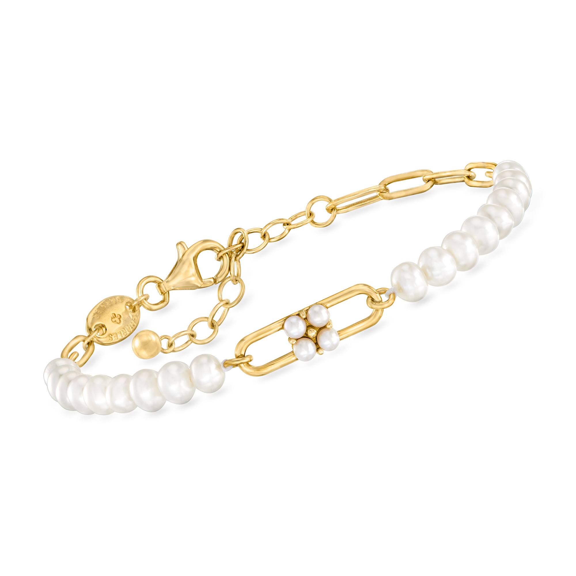 Charles Garnier "Venus" 2.5-4.5mm Cultured Pearl Paper Clip Link Bracelet in 18kt Gold Over ...