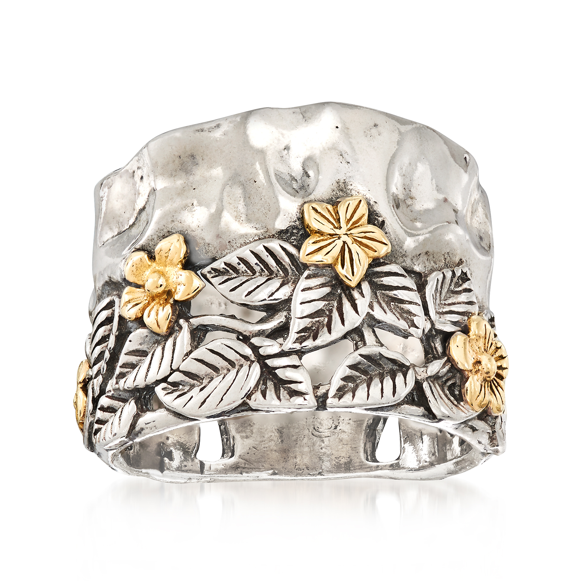 Leaves and Flowers Ring in Sterling Silver and 14kt Yellow Gold | Ross ...