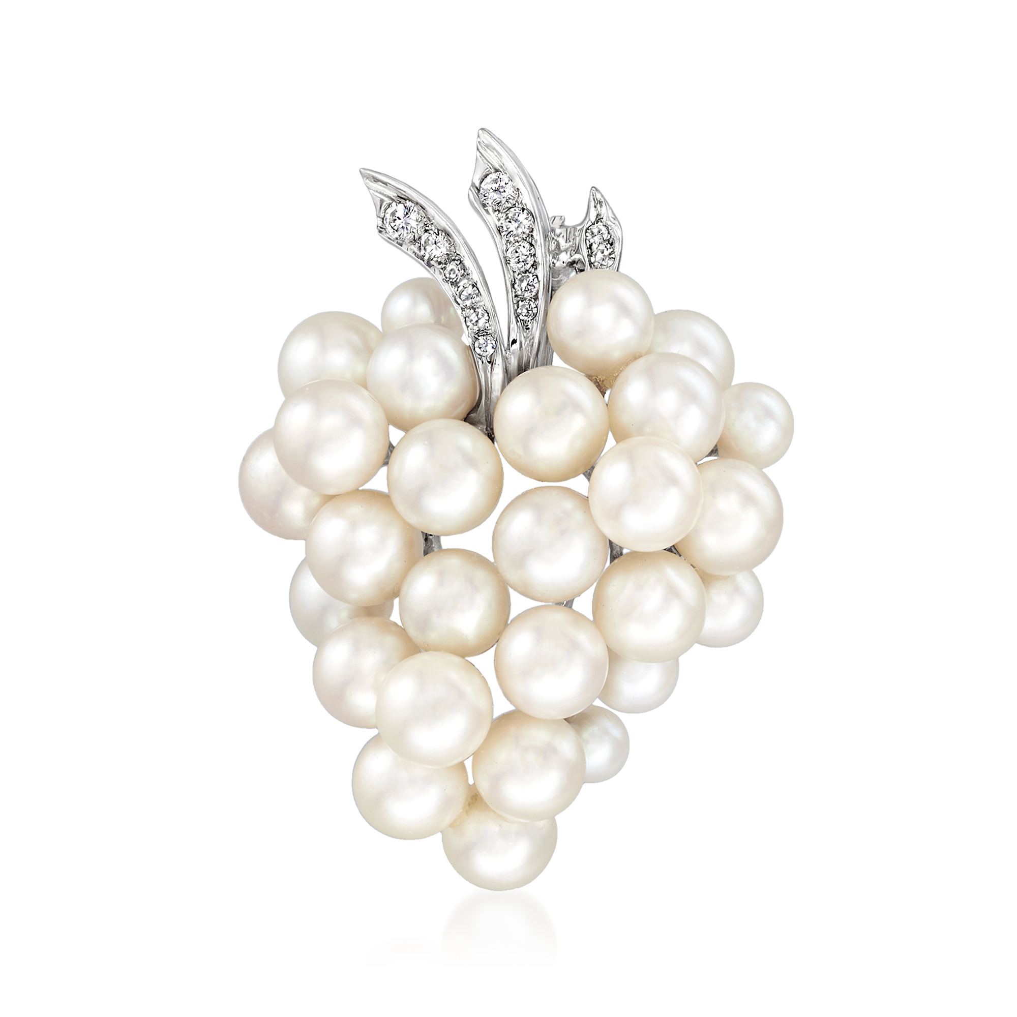 C. 1970 Vintage Cultured Pearl and .20 ct. t.w. Diamond Grapes Pin in ...