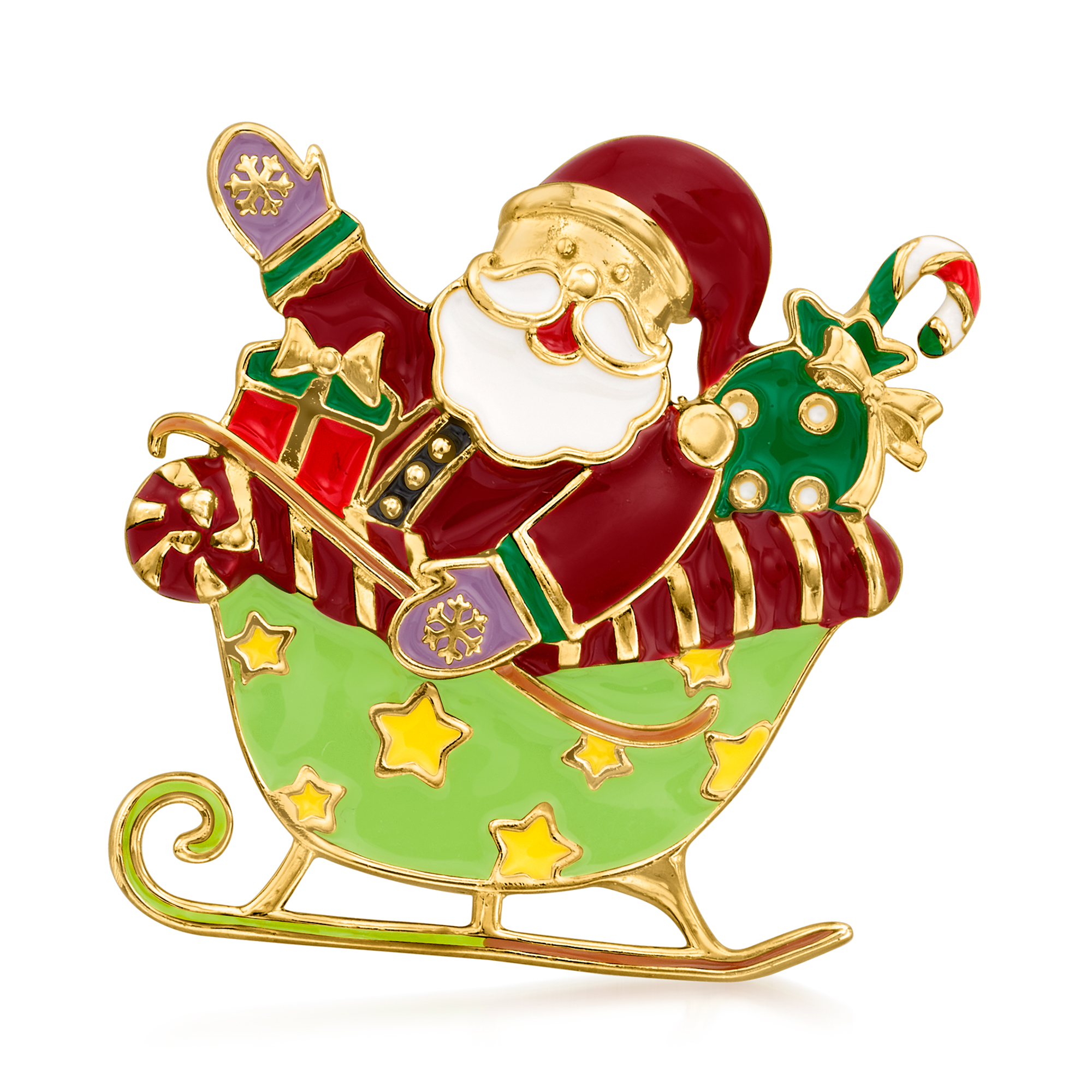 Multicolored Enamel Santa Sleigh Pin in 18kt Gold Over Sterling | Ross ...