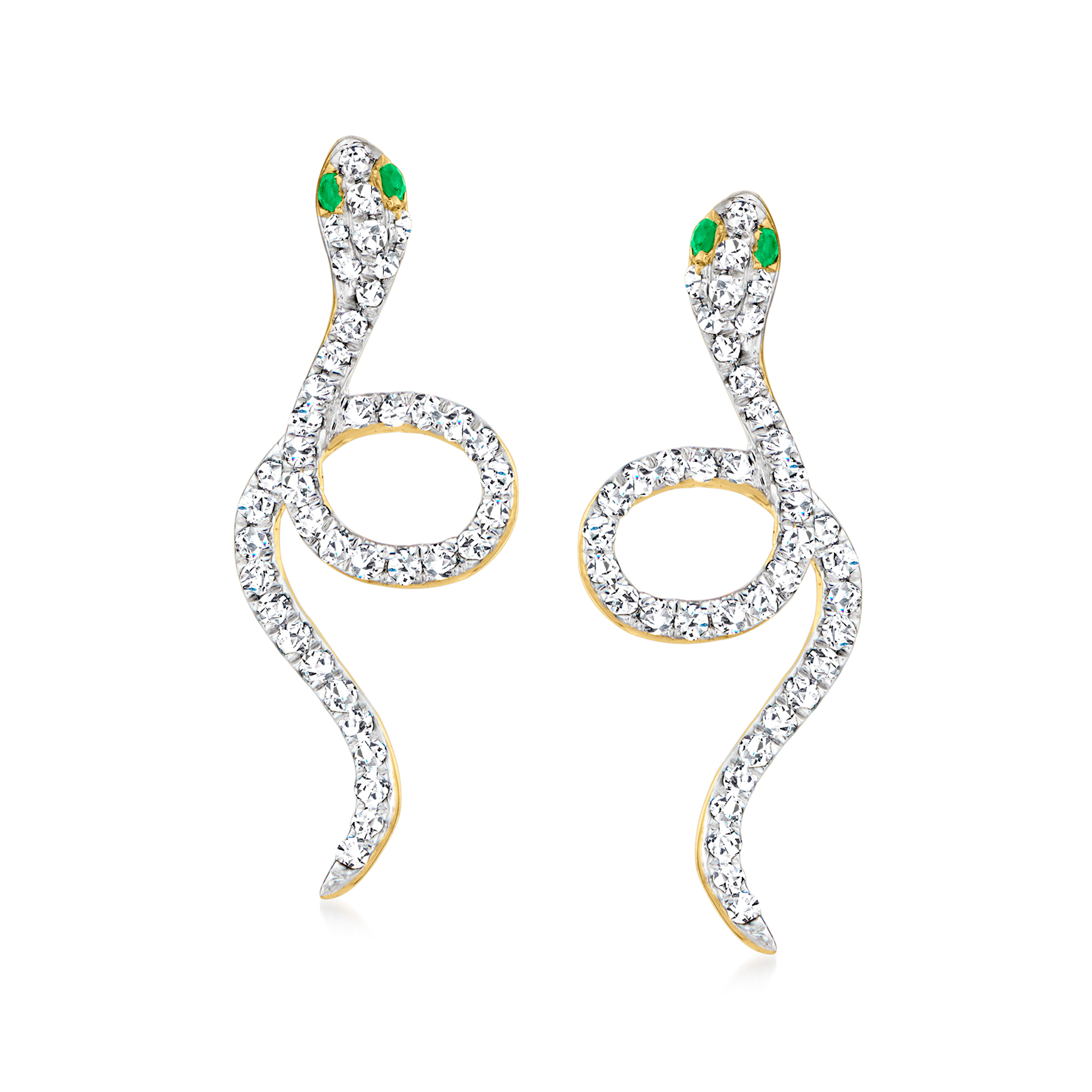 .18 ct. t.w. Diamond Snake Earrings with Emerald Accents in 18kt Gold ...