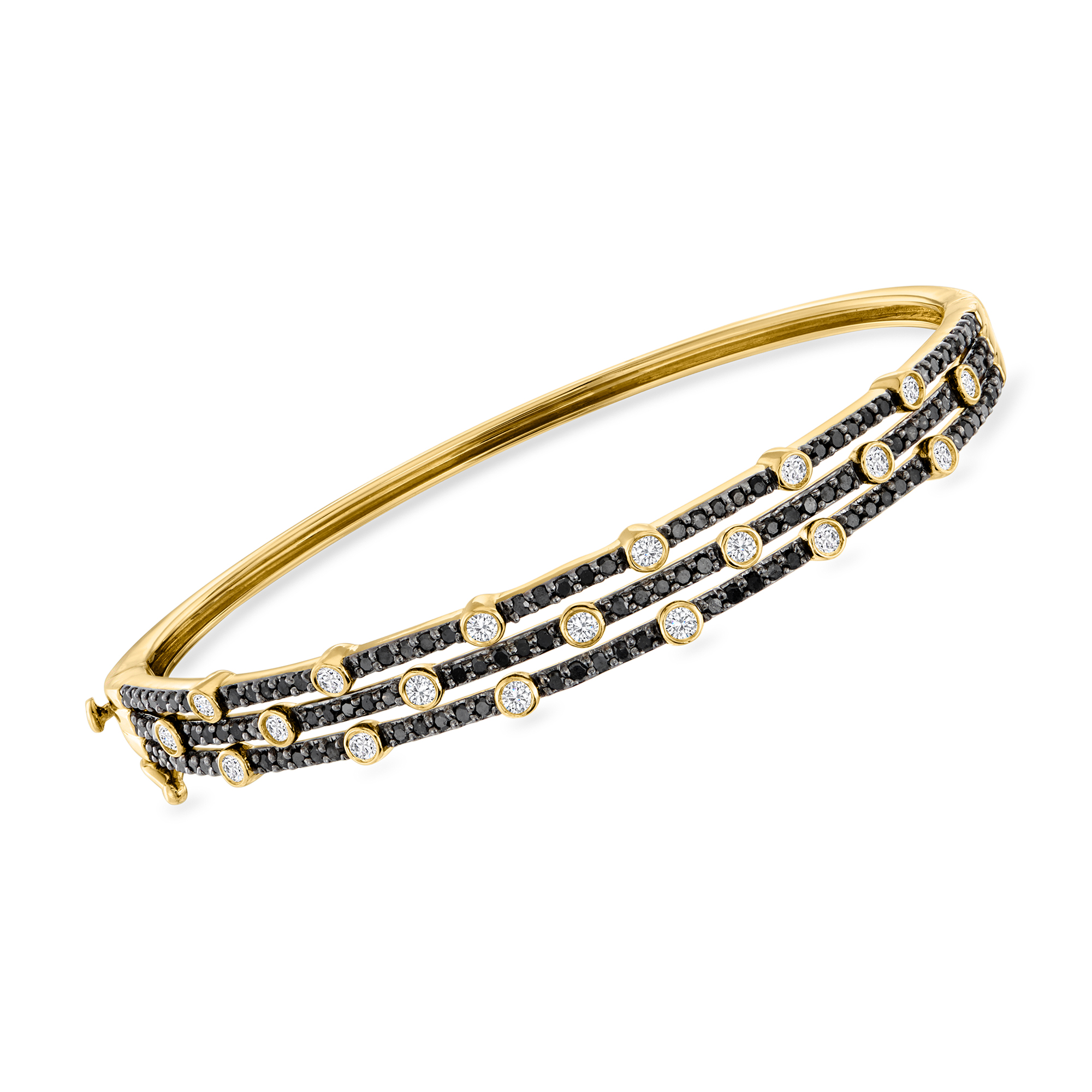 1.50 ct. t.w. Black and White Diamond Multi-Row Bangle Bracelet in 14kt Yellow Gold | Ross-Simons