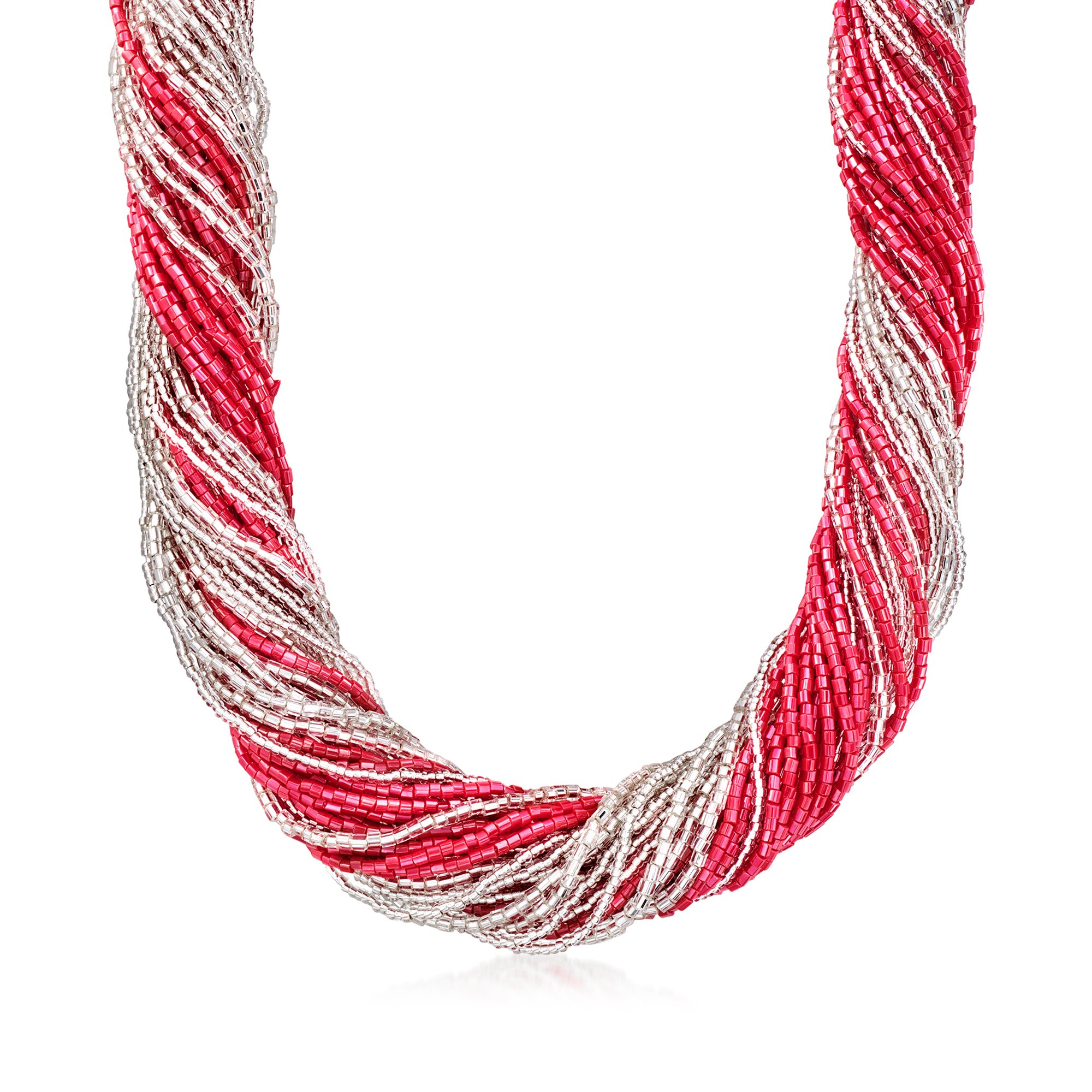 Italian Pink and Silver Murano Glass Bead Torsade Necklace with Sterling Silver | Ross-Simons
