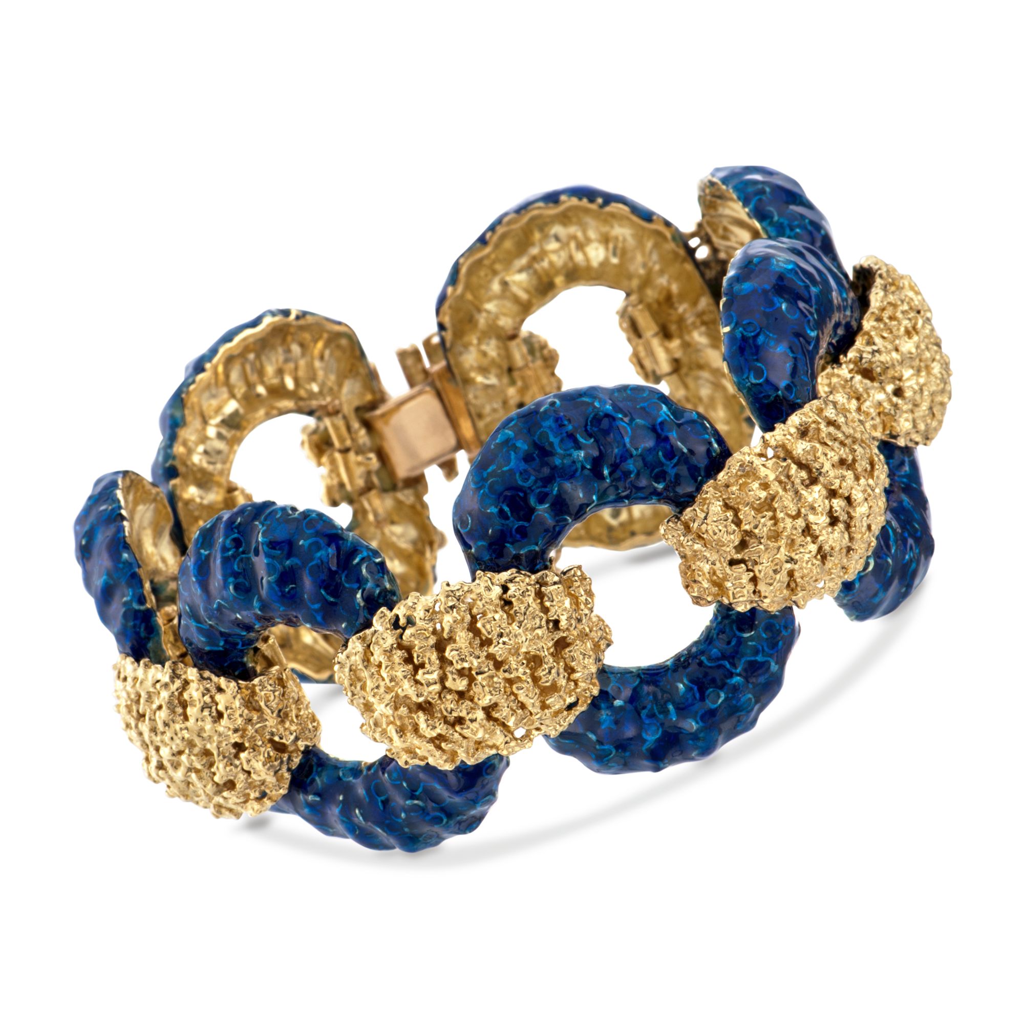 C. 1990 Vintage Blue Enamel and 18kt Yellow Gold Textured Open Link ...