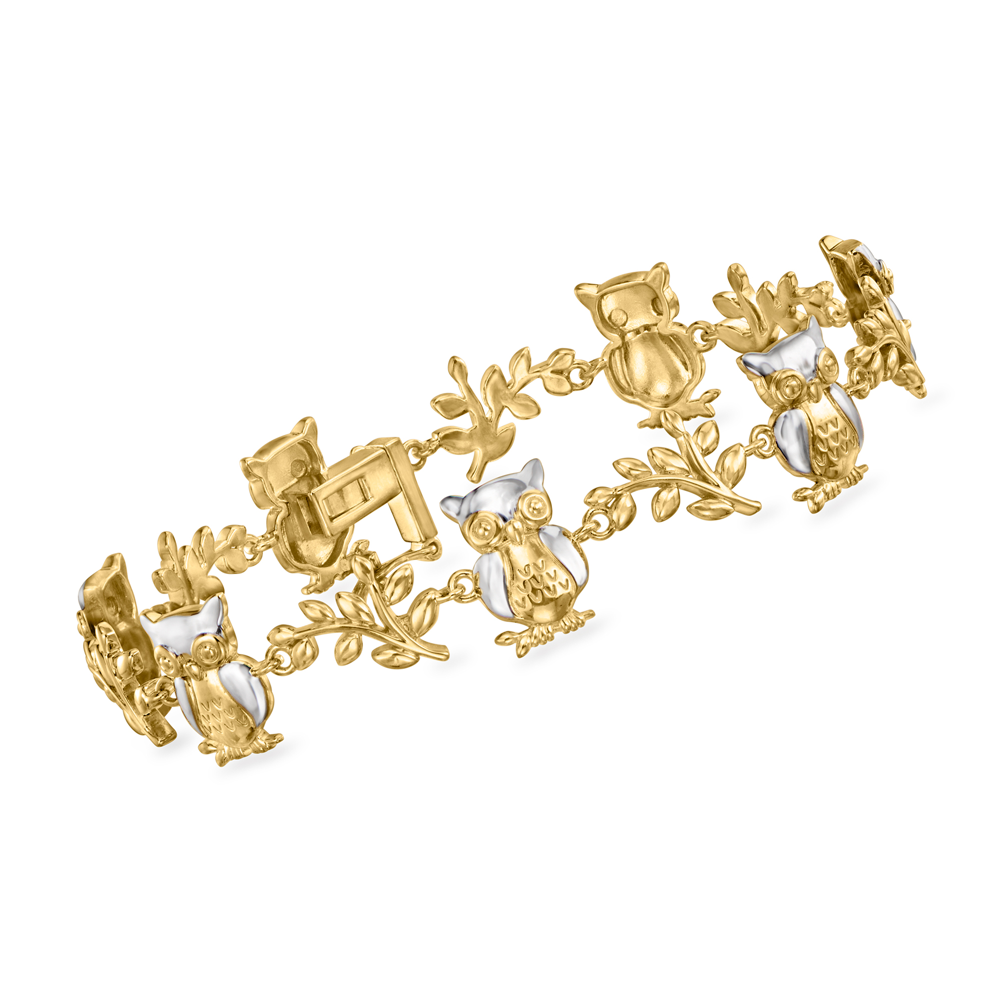 Sterling Silver and 18kt Gold Over Sterling Owl Bracelet. 7" | Ross-Simons