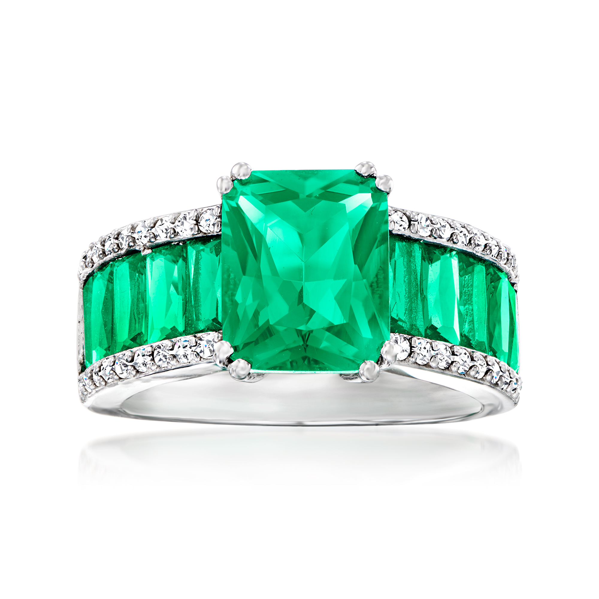 6.75 ct. t.w. Simulated Emerald and .20 ct. t.w. CZ Ring in Sterling ...
