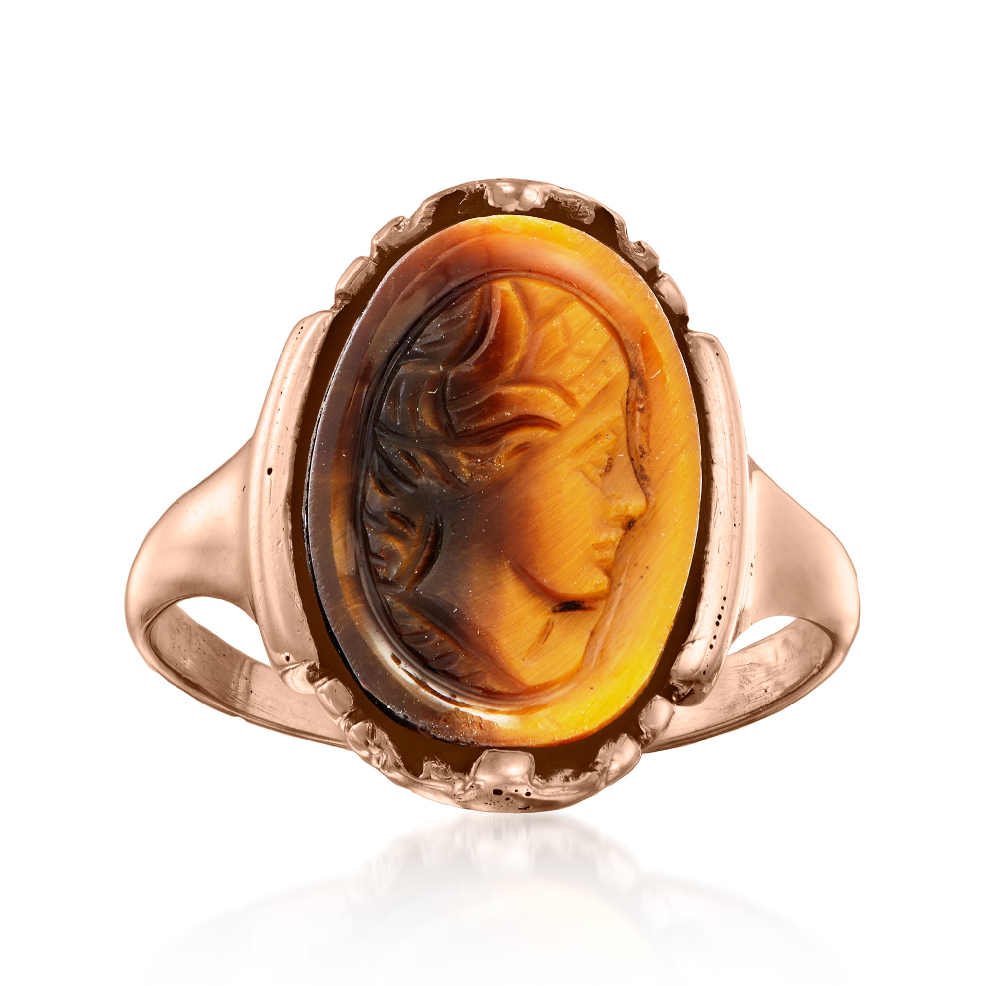C. 1900 Vintage Carved Tiger Eye Cameo Ring in 10kt Rose Gold | Ross-Simons