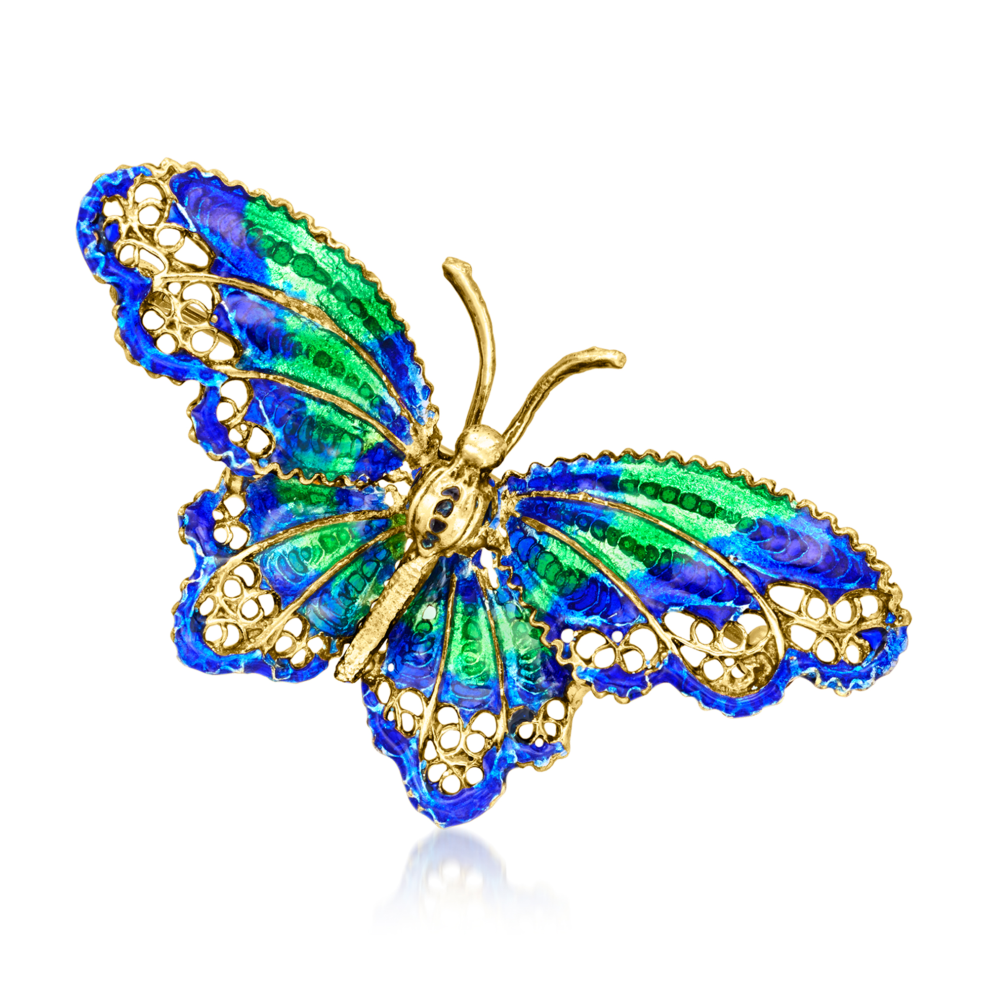 C. 1970 Vintage Blue and Green Enamel Butterfly Pin in 14kt Yellow Gold ...