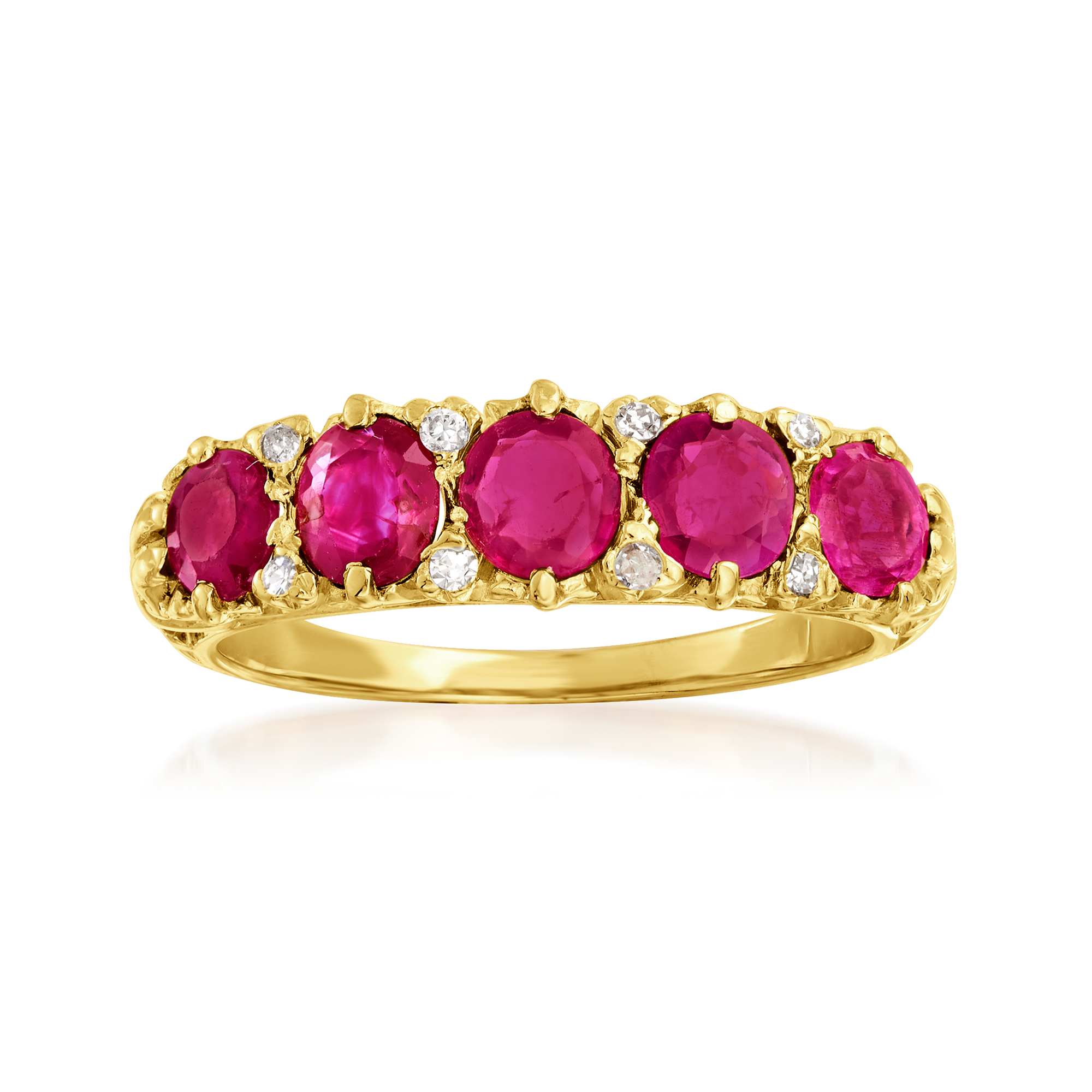 C. 1960 Vintage 1.50 ct. t.w. Ruby Five-Stone Ring with Diamond Accents in 18kt Yellow Gold ...
