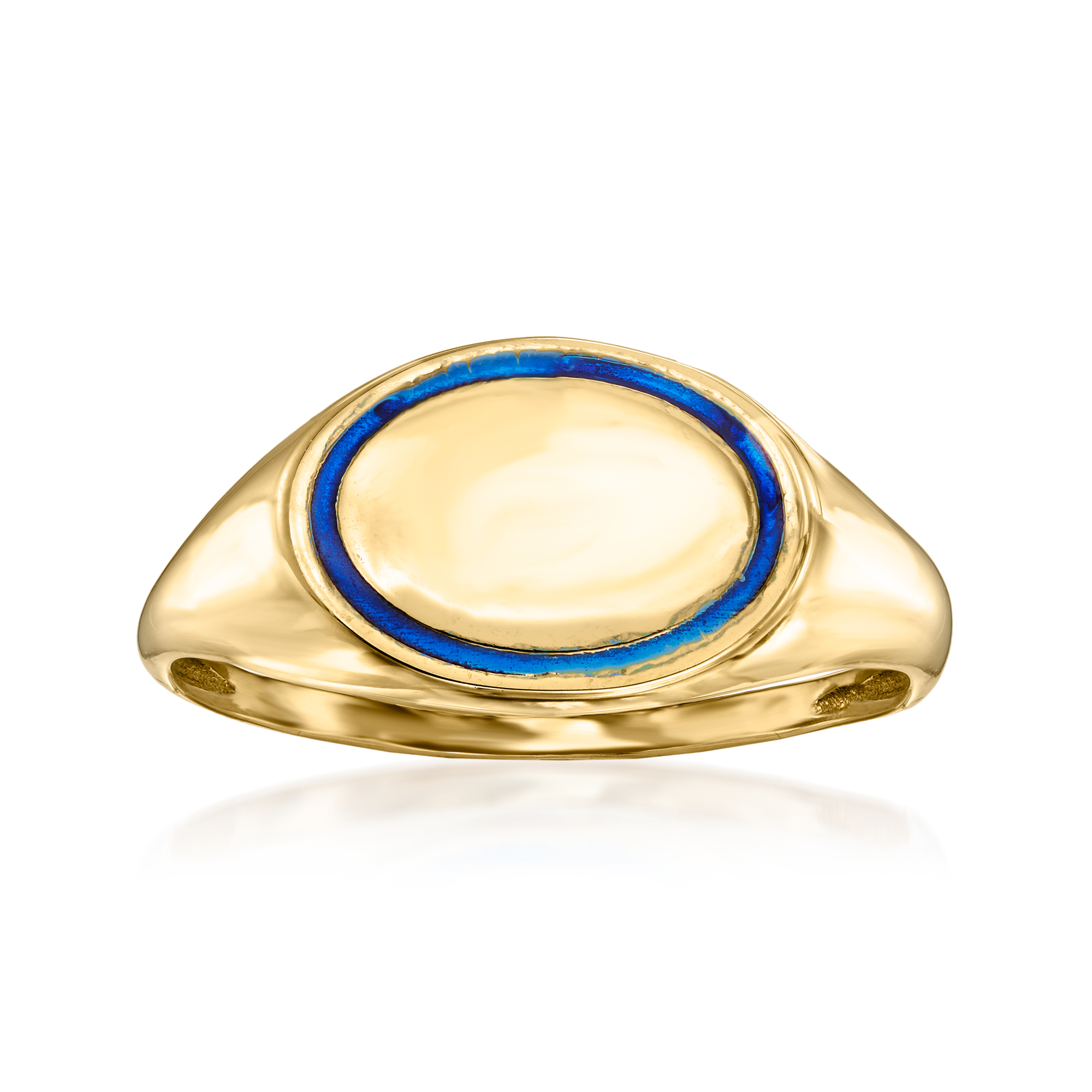 Italian 14kt Yellow Gold Personalized Oval Signet Ring with Blue Enamel ...
