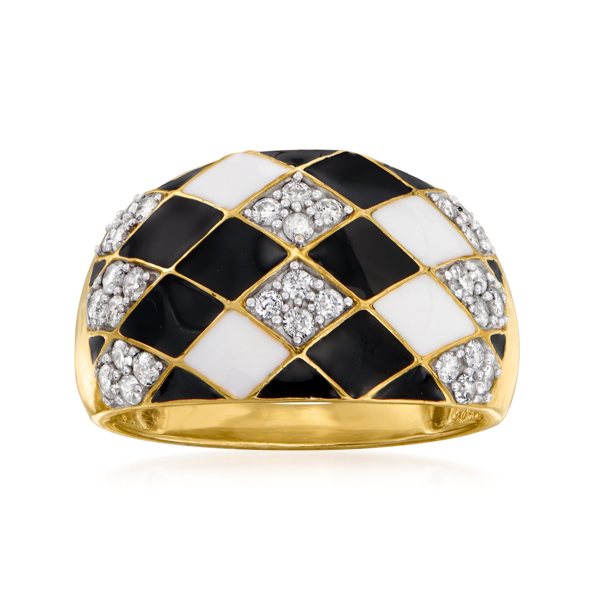 White and Black Enamel and .50 ct. t.w. Diamond Checkered Ring in 18kt ...