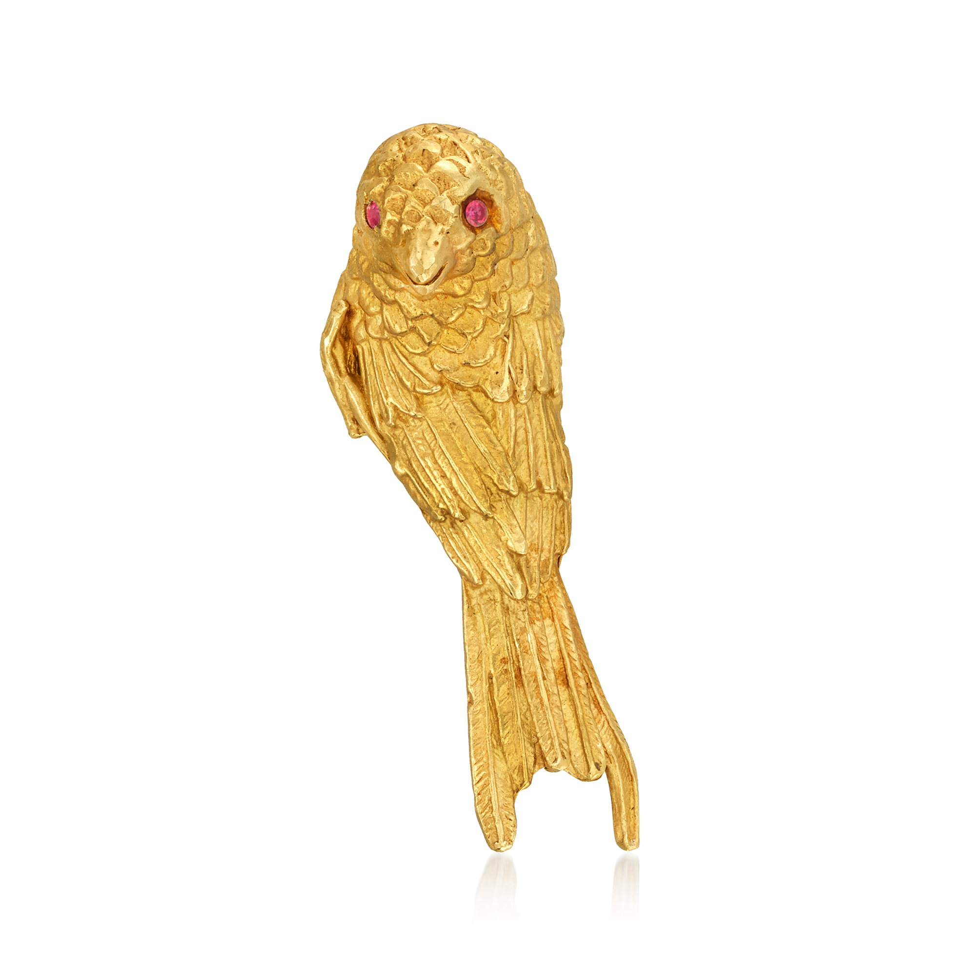 C. 1970 Vintage 18kt Yellow Gold Bird Pin with Ruby-Accented Eyes ...
