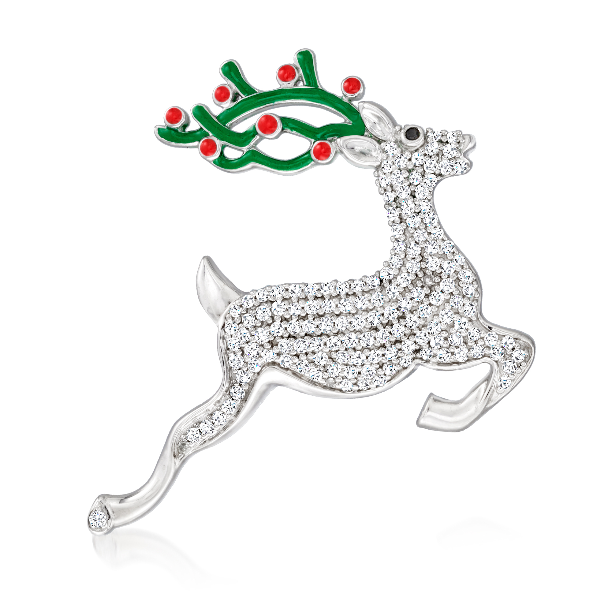 .50 ct. t.w. Diamond Reindeer Pin with Red and Green Enamel in Sterling ...