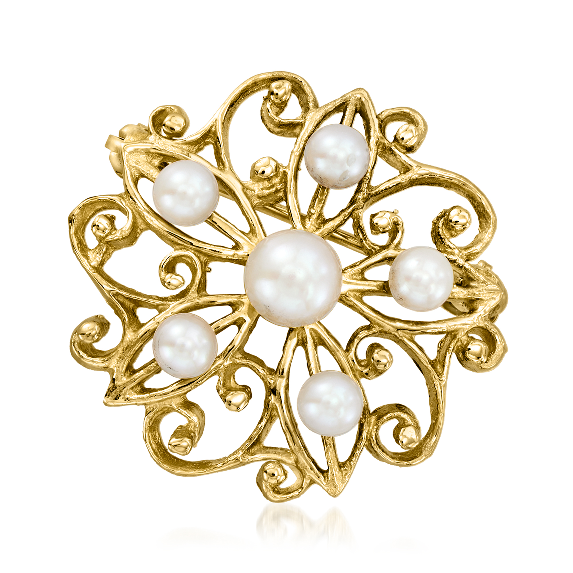 C. 1980 Vintage 3.5-4mm Cultured Pearl Scroll Pin in 14kt Yellow Gold ...