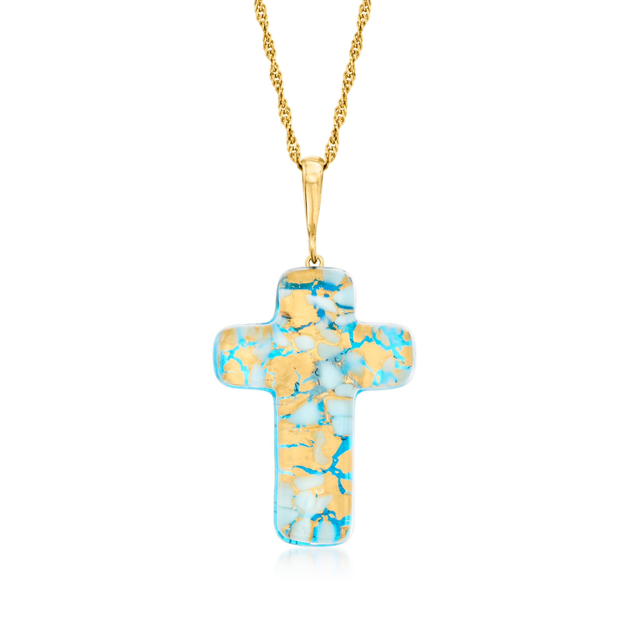 Italian Blue and Golden Murano Glass Cross Pendant Necklace in 18kt ...