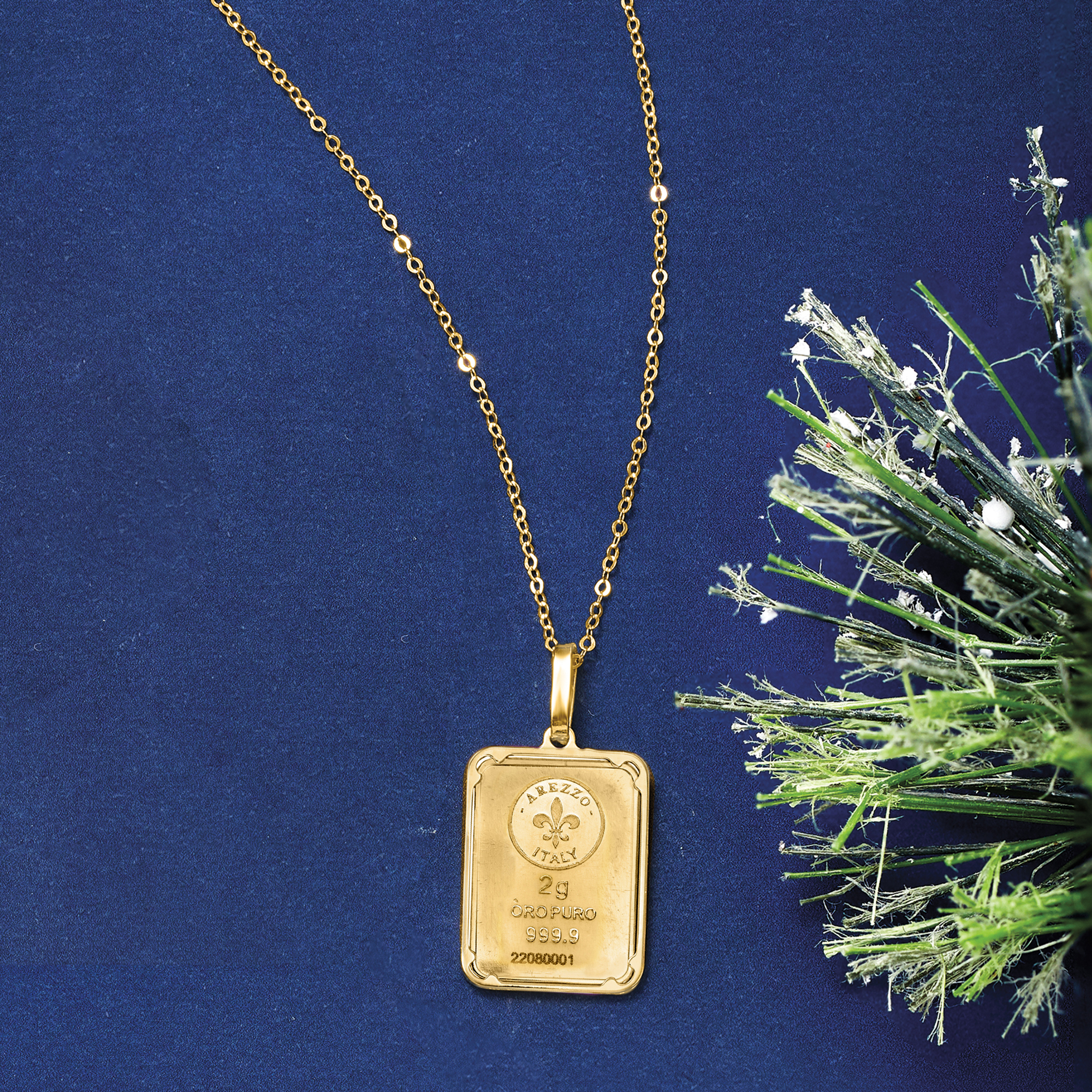 Italian 24kt Yellow Gold Fleur De Lis Two Gram Ingot Pendant Necklace with 14kt Yellow Gold Frame