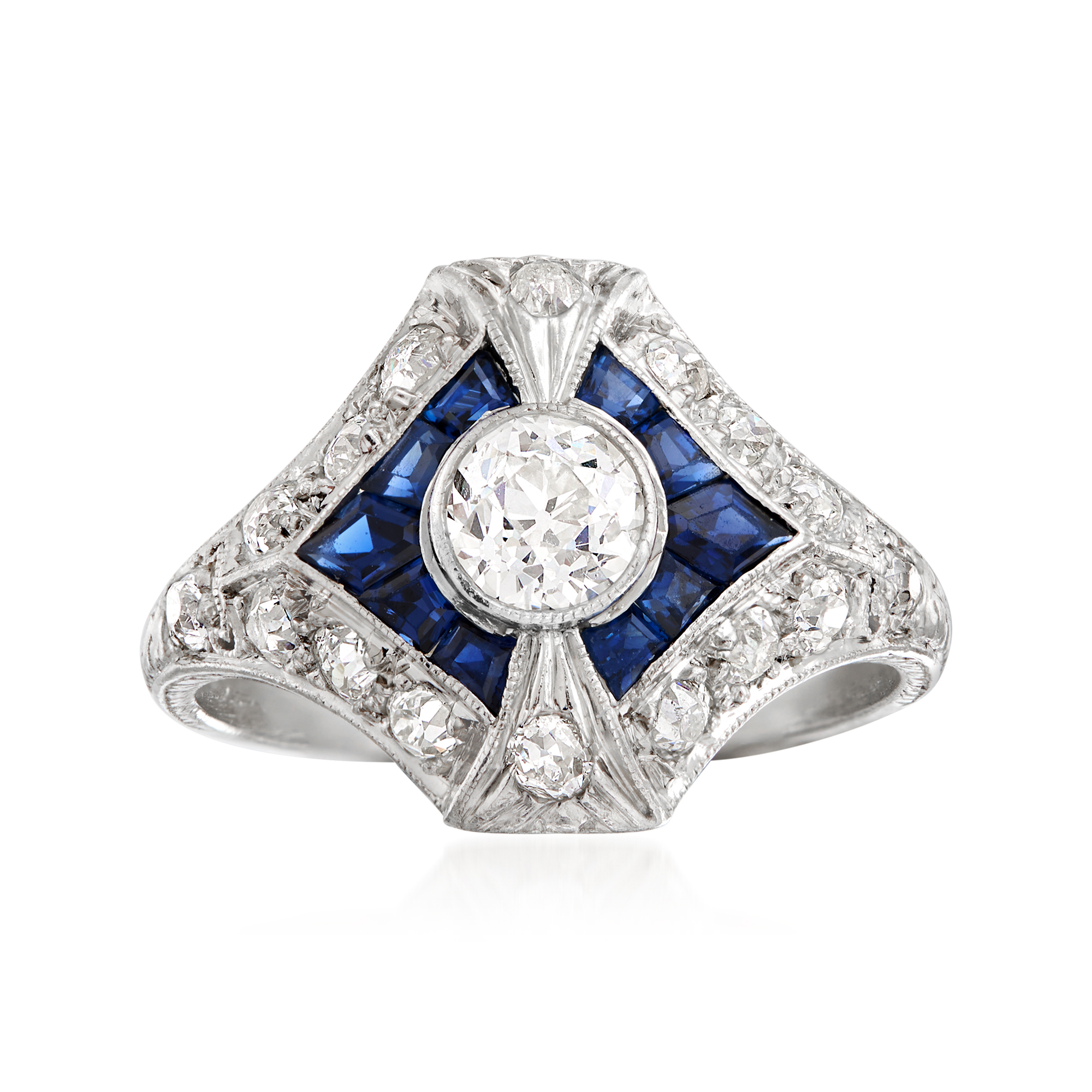 C. 1930 Vintage .70 ct. t.w. Diamond and .40 ct. t.w. Sapphire Ring in ...