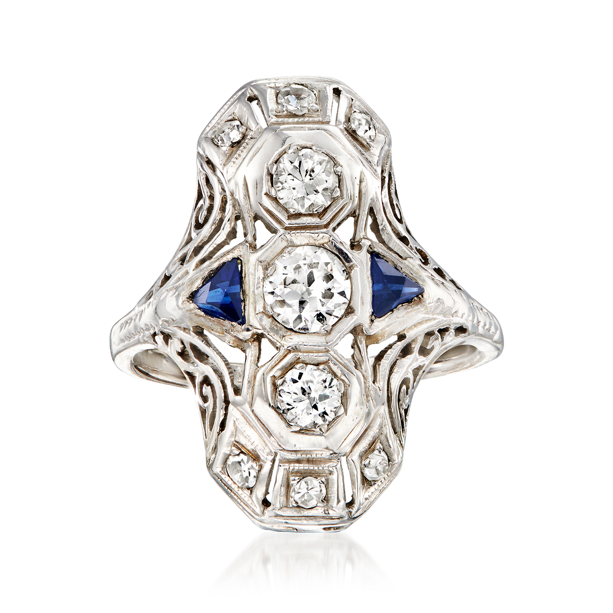 C. 1950 Vintage .80 ct. t.w. Diamond Ring with Synthetic Sapphire in ...