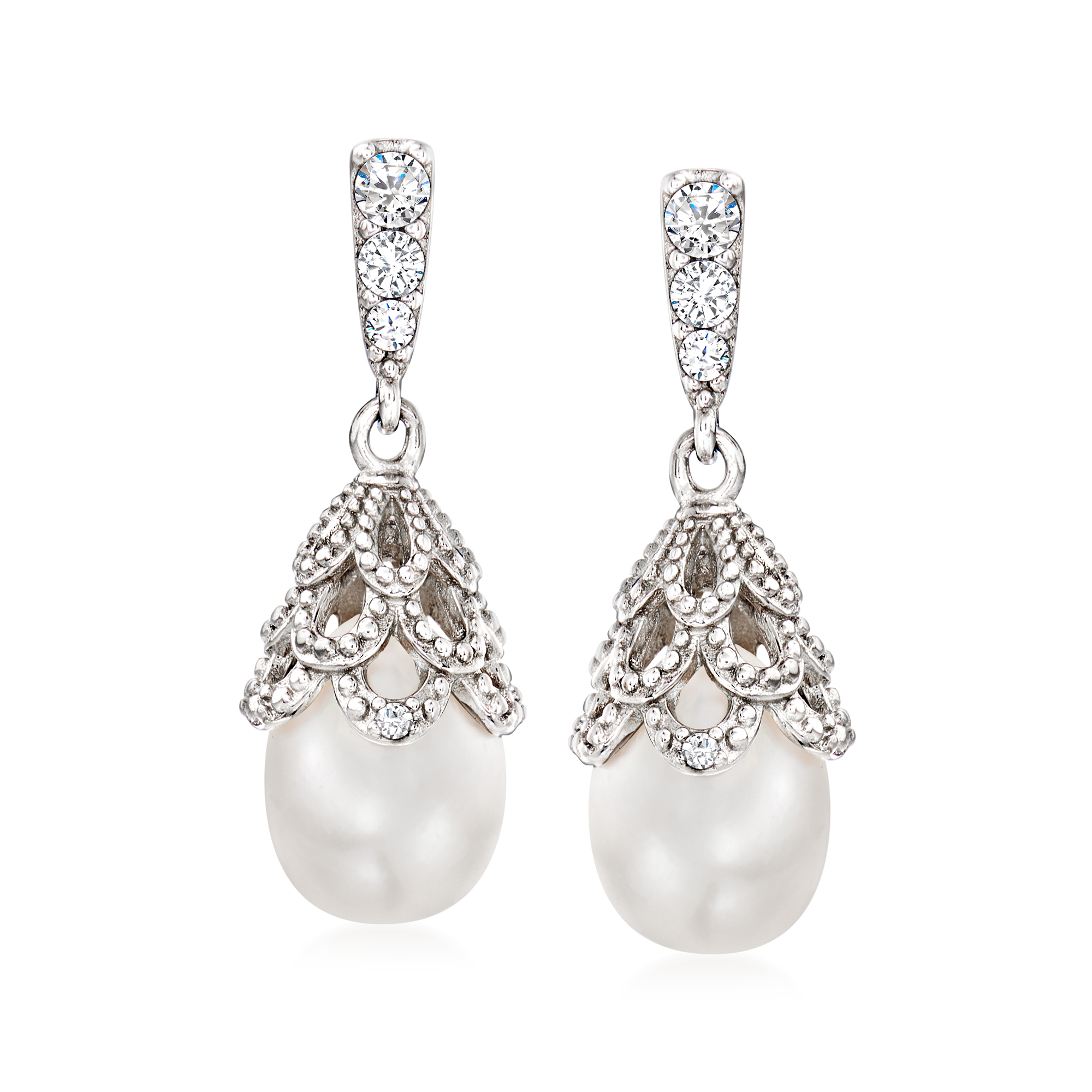 7-7.5mm Cultured Pearl and .15 ct. t.w. CZ Drop Earrings in Sterling Silver | Ross-Simons