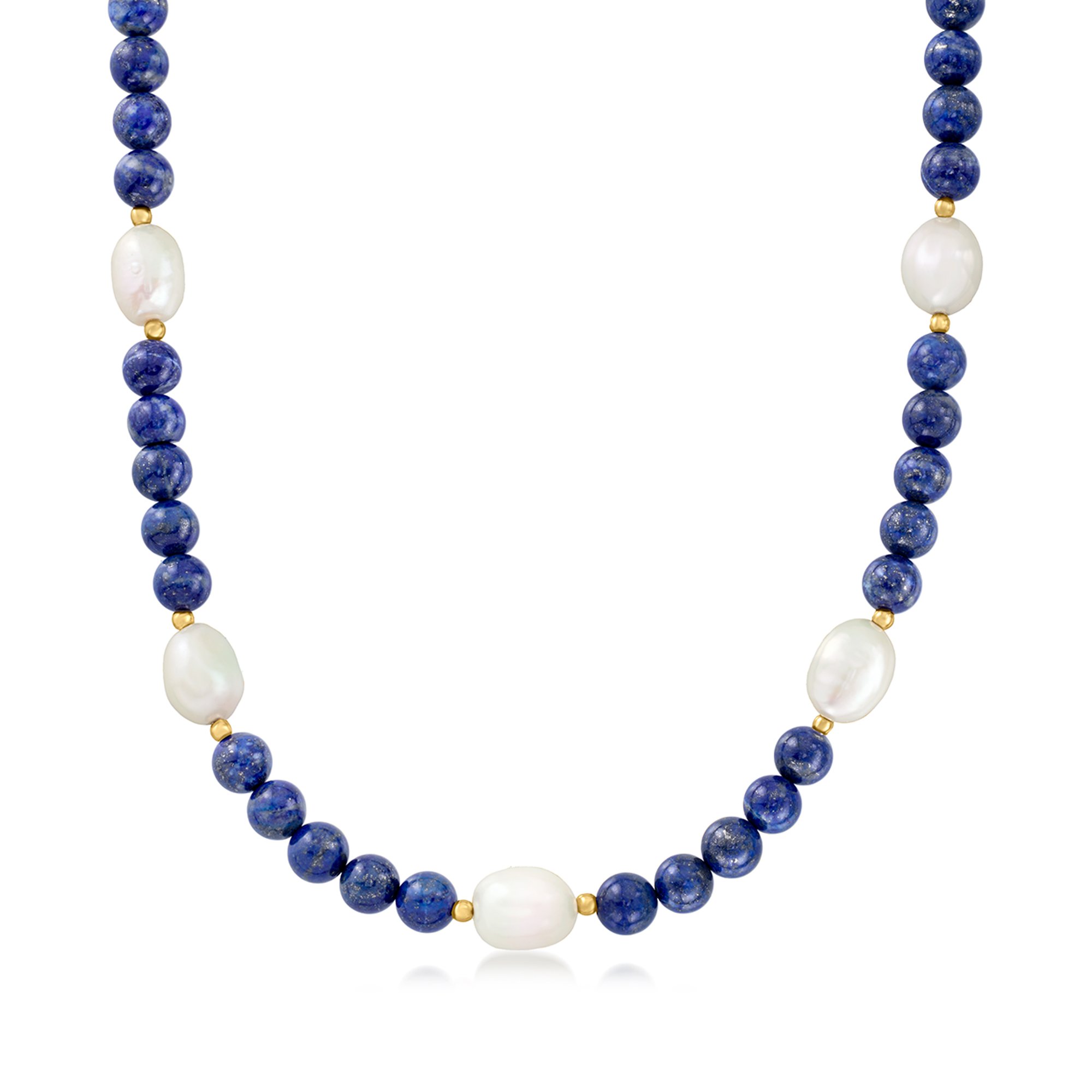 11-12mm Cultured Baroque Pearl and 8mm Lapis Bead Necklace in 14kt Yellow Gold | Ross-Simons