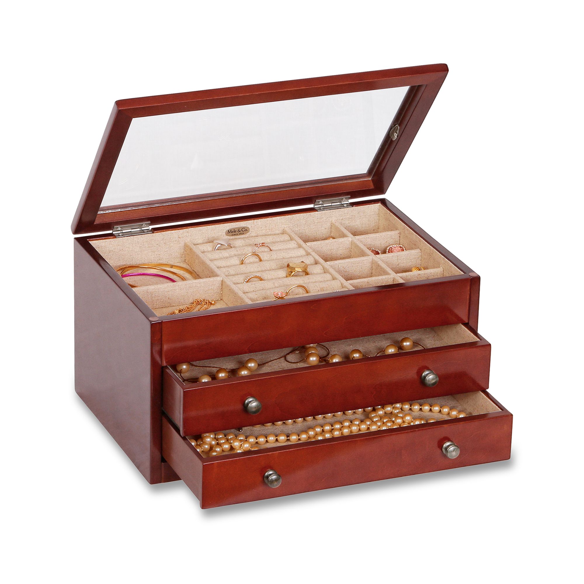 Mele & Co. "Haywood" Walnut Finish Jewelry Box With Glass Top | Ross-Simons