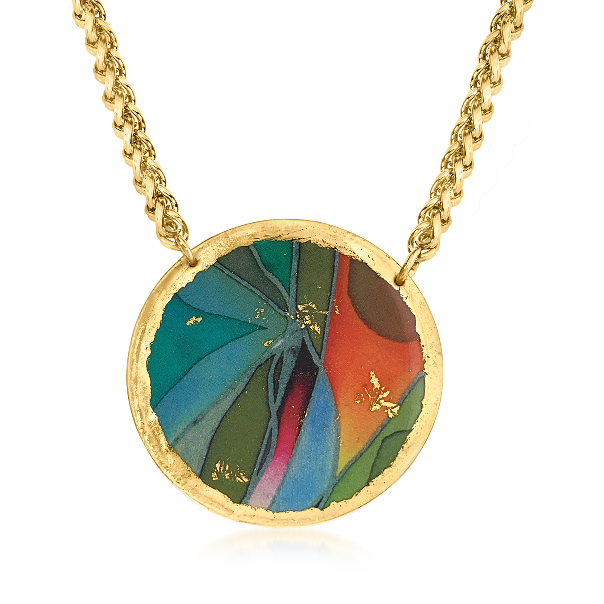 Evocateur "Rainforest" Painted Disc Necklace in 22kt Gold Leaf on Brass ...