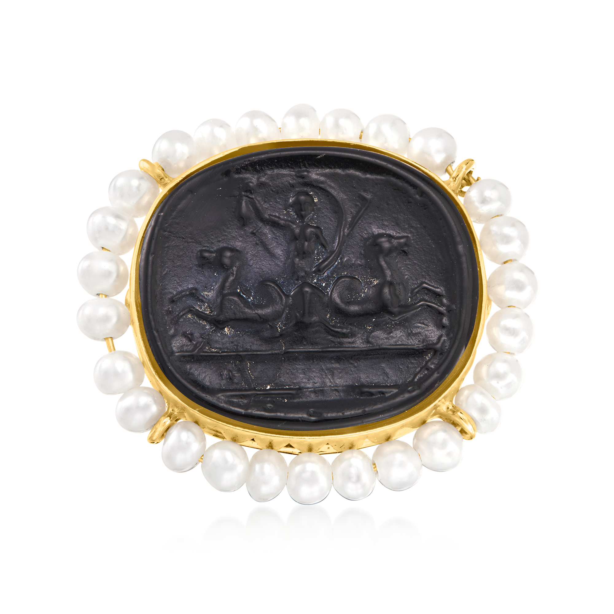 Black Venetian Glass and Cultured Semi-Baroque Pearl Cameo-Style Frame Ring in 18kt Gold Over ...