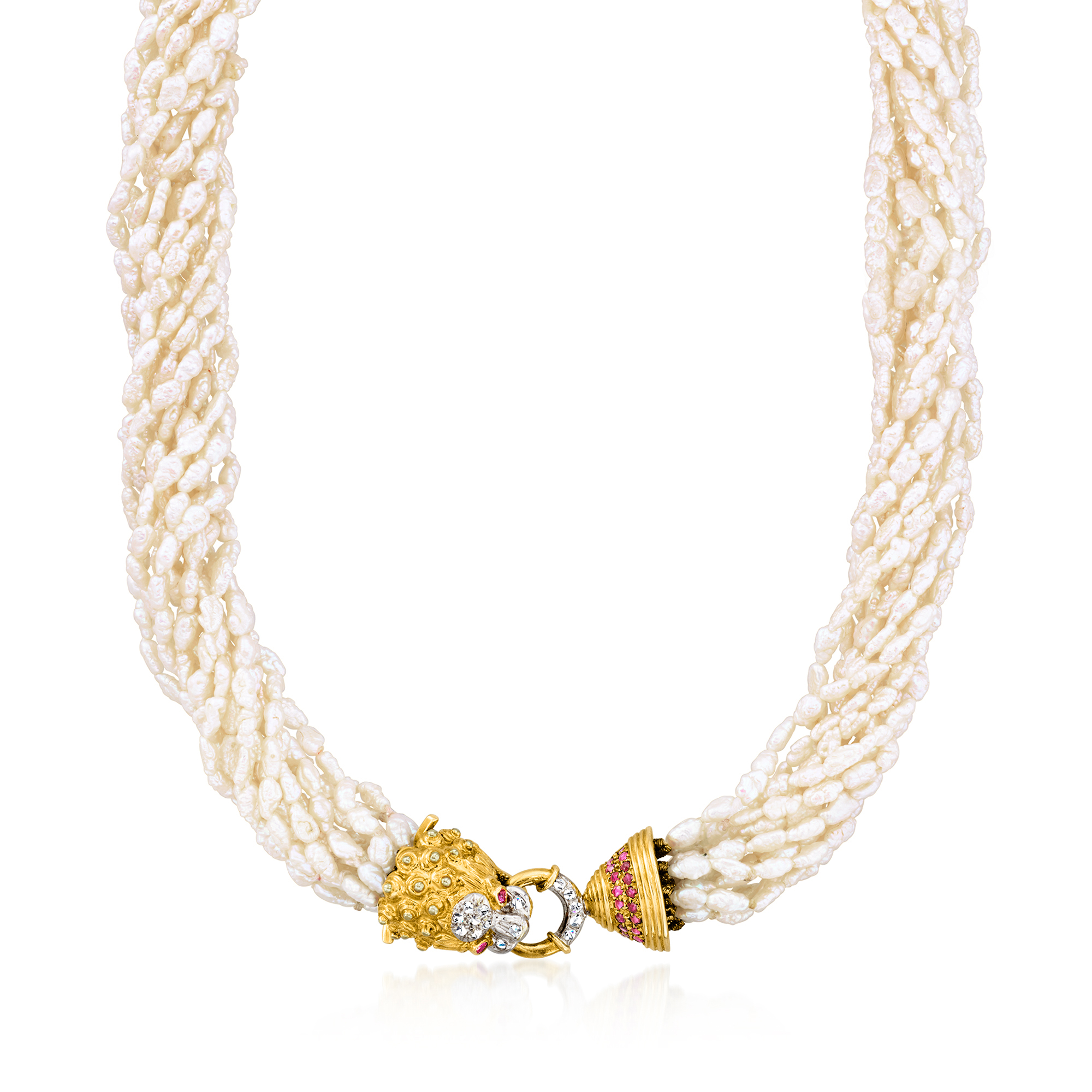 C. 1980 Vintage 5x2.5mm Cultured Baroque Pearl Lion Head Torsade Necklace with .70 ct. t.w ...