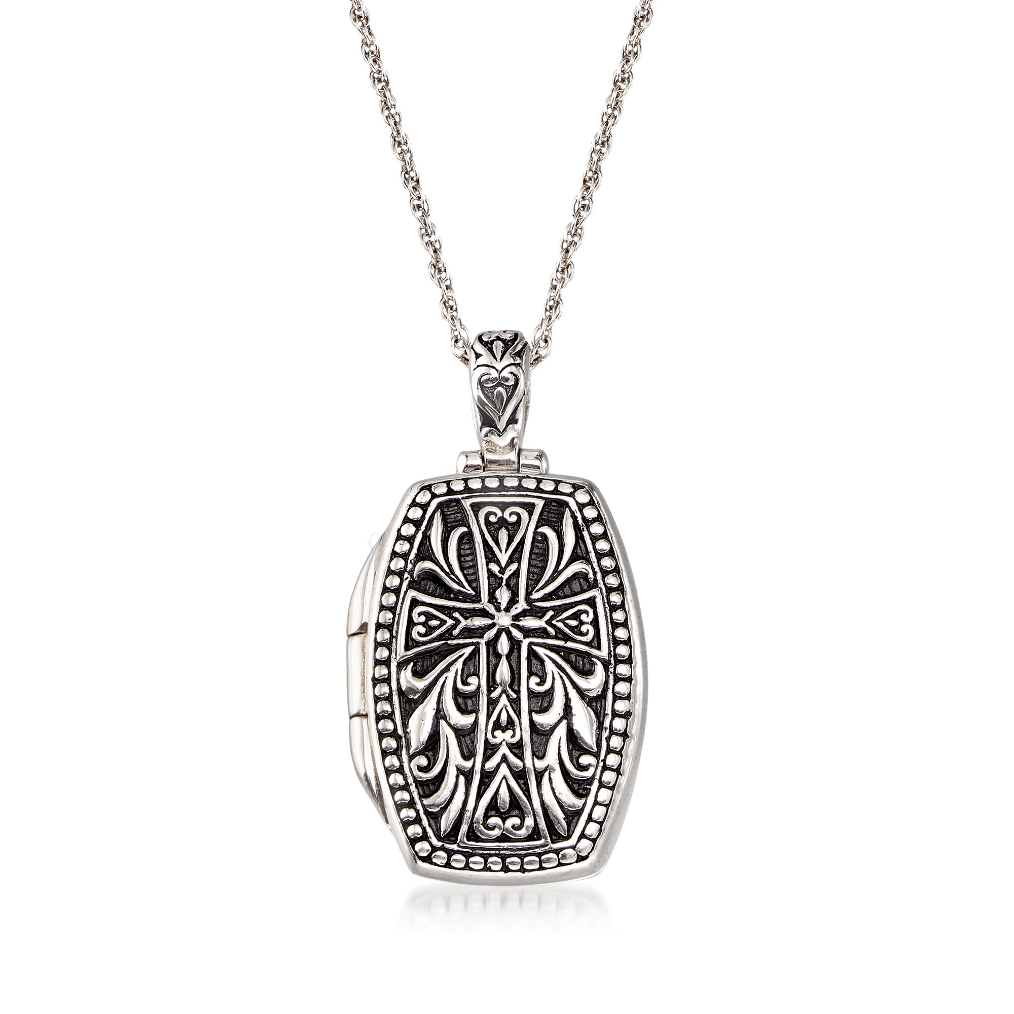 Sterling Silver Cross Locket Necklace with Black Enamel | Ross-Simons