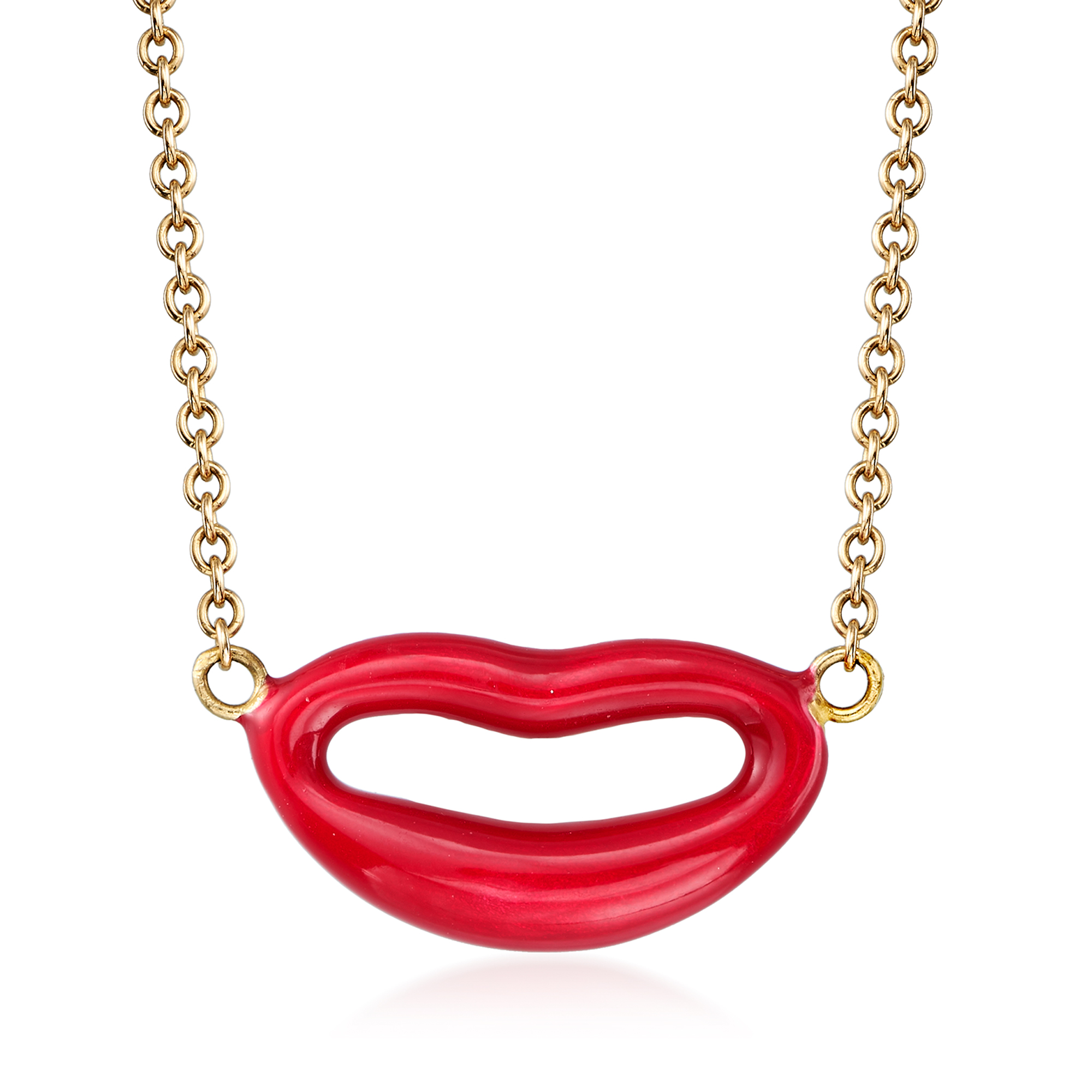 Italian Red Enamel Lips Necklace in 14kt Yellow Gold | Ross-Simons