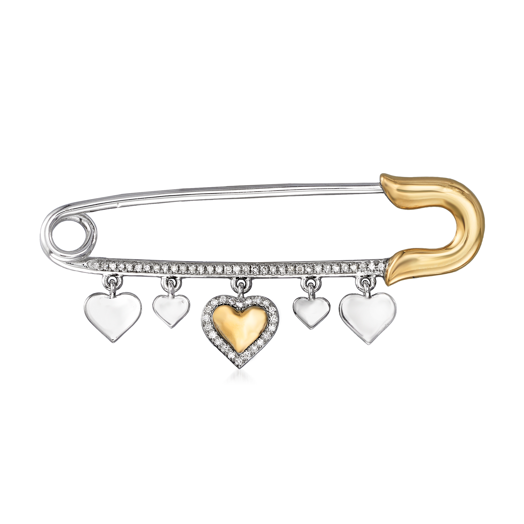 .15 ct. t.w. Diamond Heart Safety Pin in Sterling Silver and 14kt ...