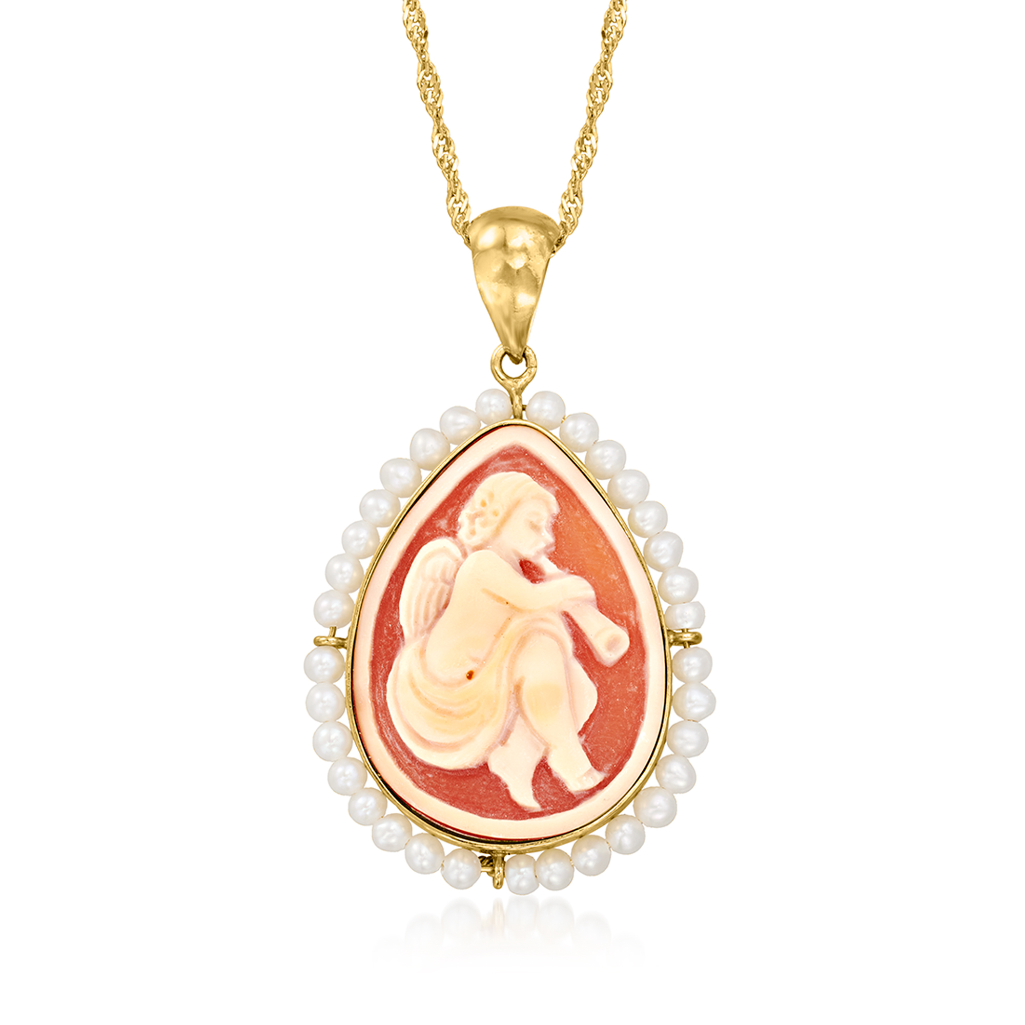 Italian 2-3mm Cultured Pearl and Orange Shell Angel Cameo Pendant ...