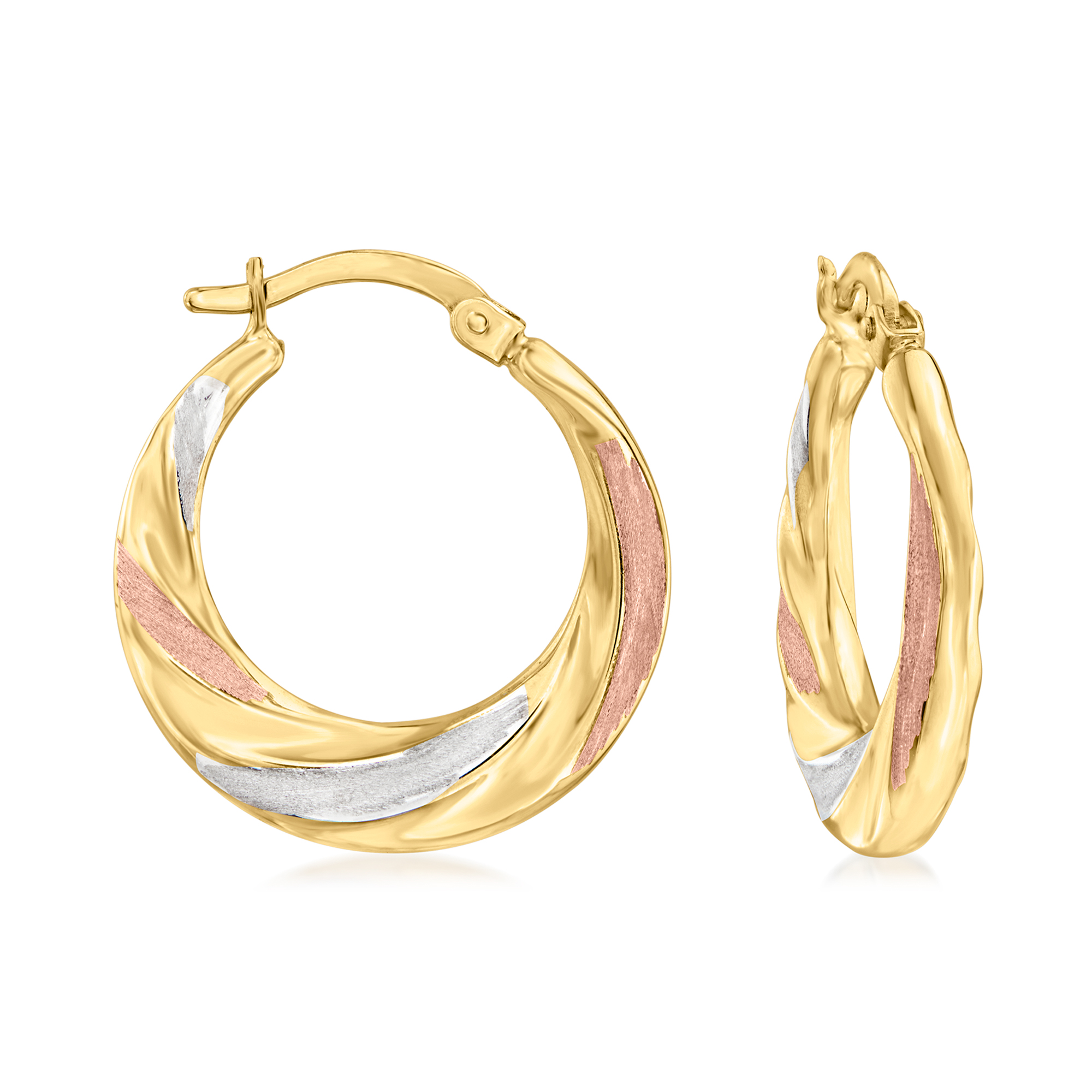 14kt Tri-Colored Gold Ribbed Hoop Earrings | Ross-Simons