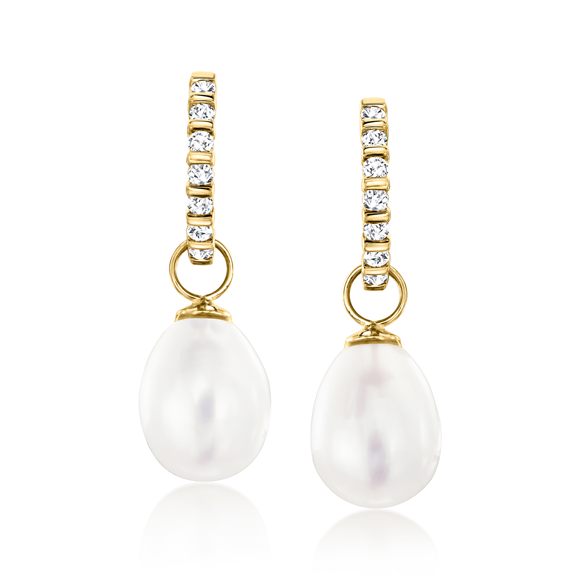 C. 1990 Vintage Cultured Pearl and .50 ct. t.w. Diamond Hoop Drop Earrings in 14kt Yellow Gold ...