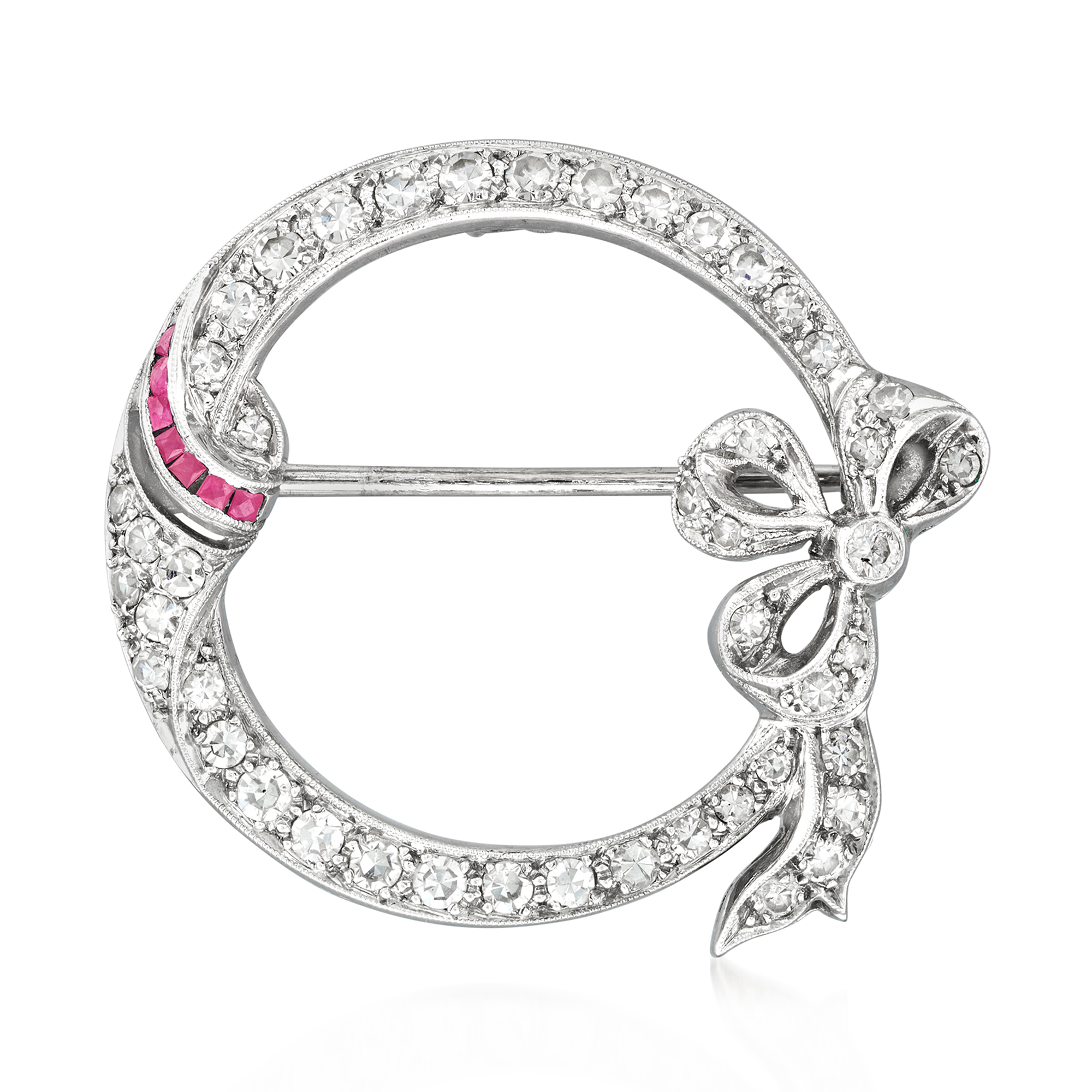 C. 1950 Vintage 1.15 ct. t.w. Diamond and .10 ct. t.w. Ruby Circle Bow ...