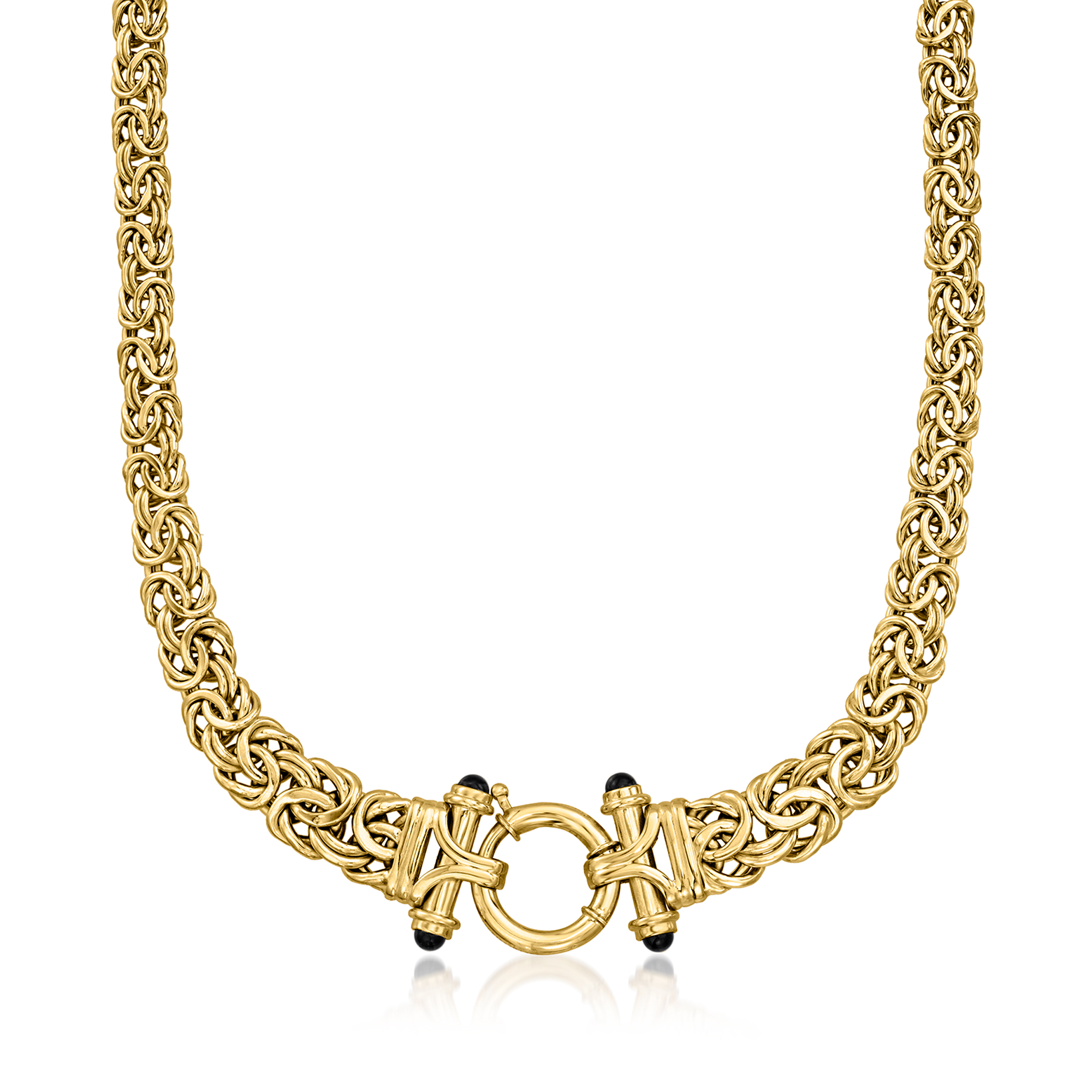 14kt Yellow Gold Graduated Byzantine Necklace with Onyx. 18" | Ross-Simons