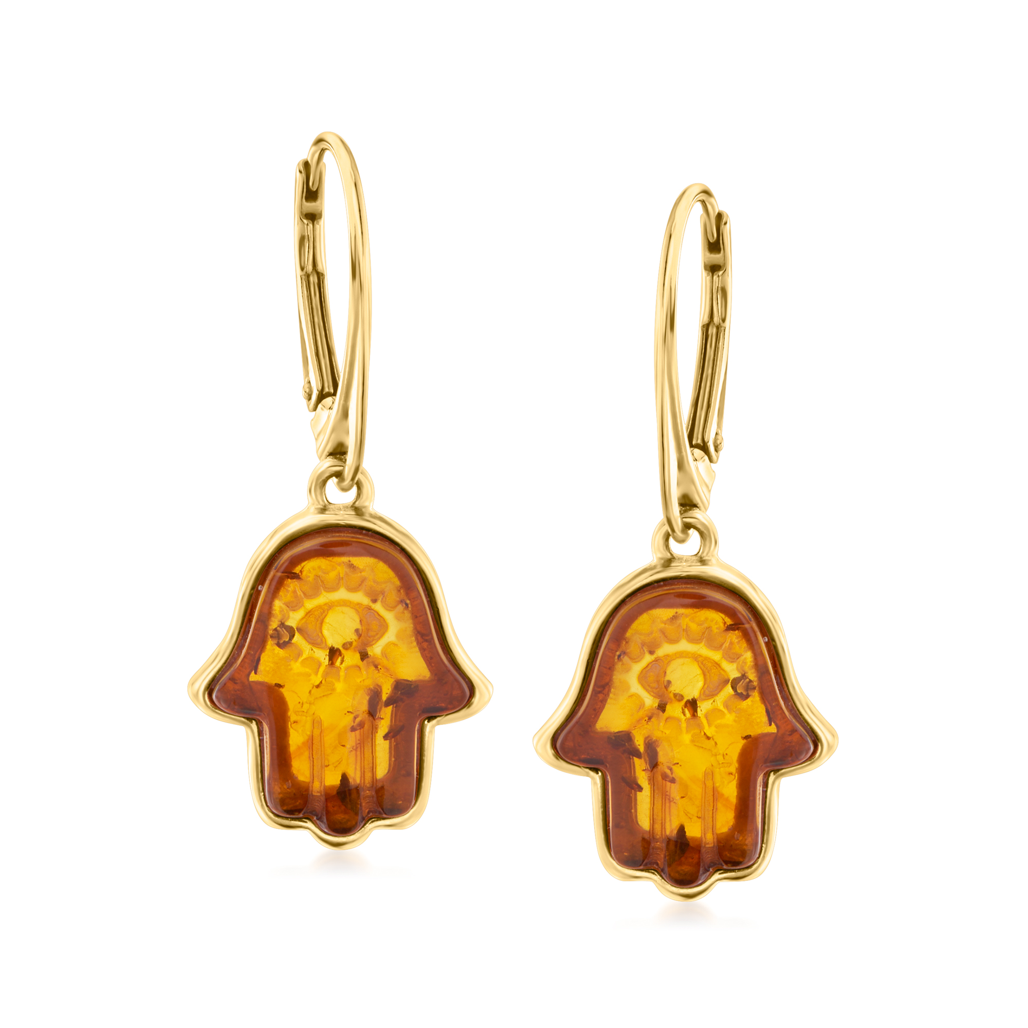 Amber Hamsa Drop Earrings in 18kt Gold Over Sterling | Ross-Simons
