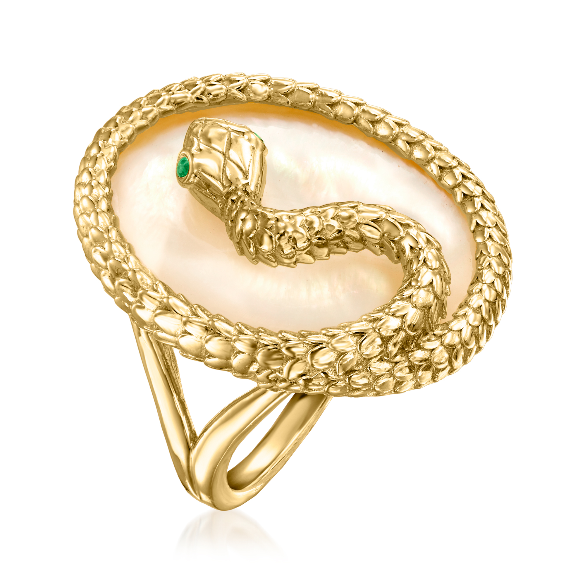 Mother of Pearl Snake Ring with Tsavorite Accents in 18kt Gold Over Sterling