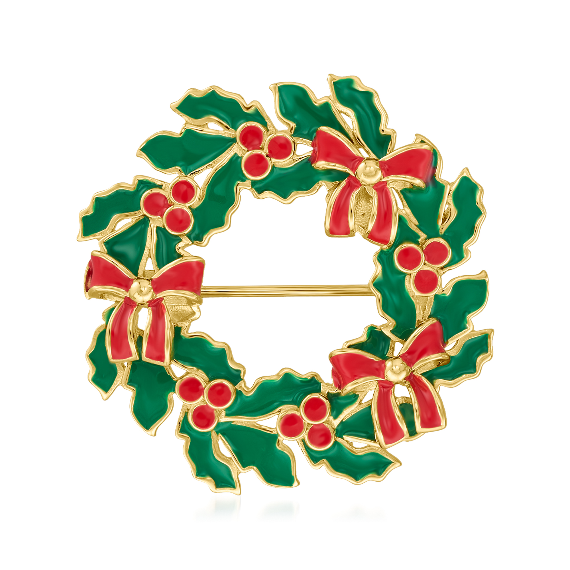 Red and Green Enamel Christmas Wreath Pin in 18kt Gold Over Sterling ...
