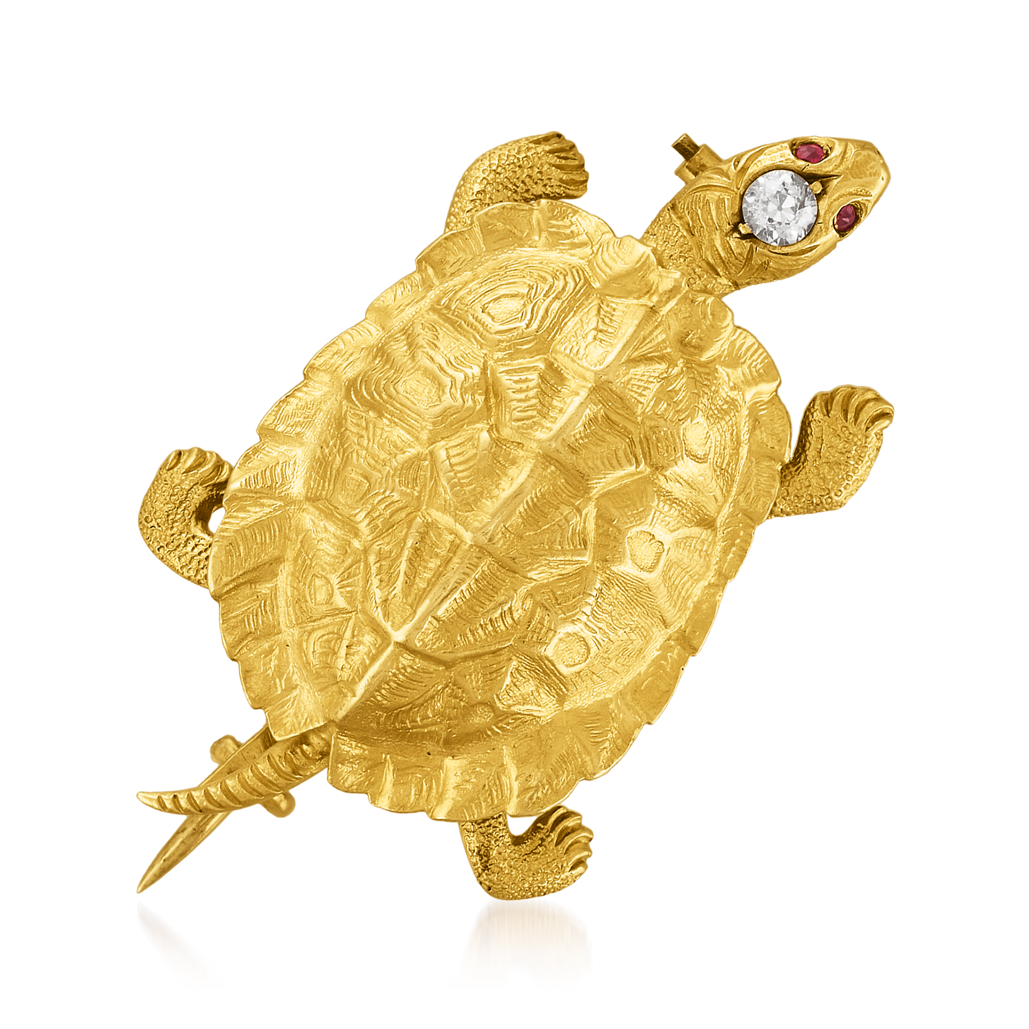 C. 1930 Vintage 18kt Yellow Gold Turtle Pin with Diamond and Ruby ...