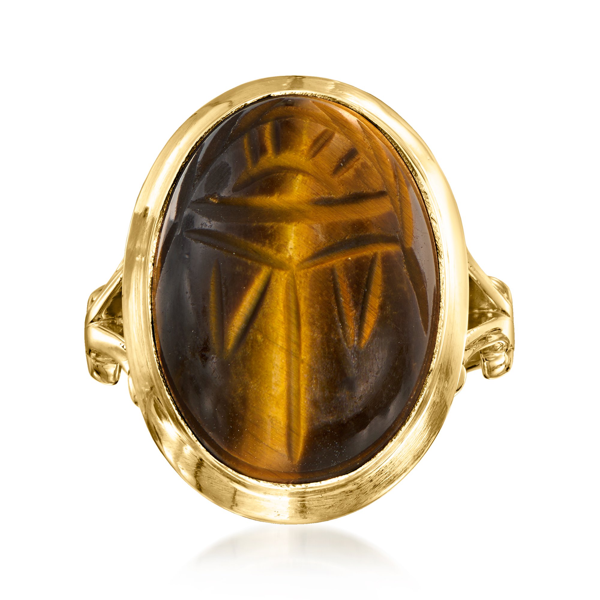C. 1970 Vintage Tiger Eye Scarab Ring in 10kt Yellow Gold | Ross-Simons